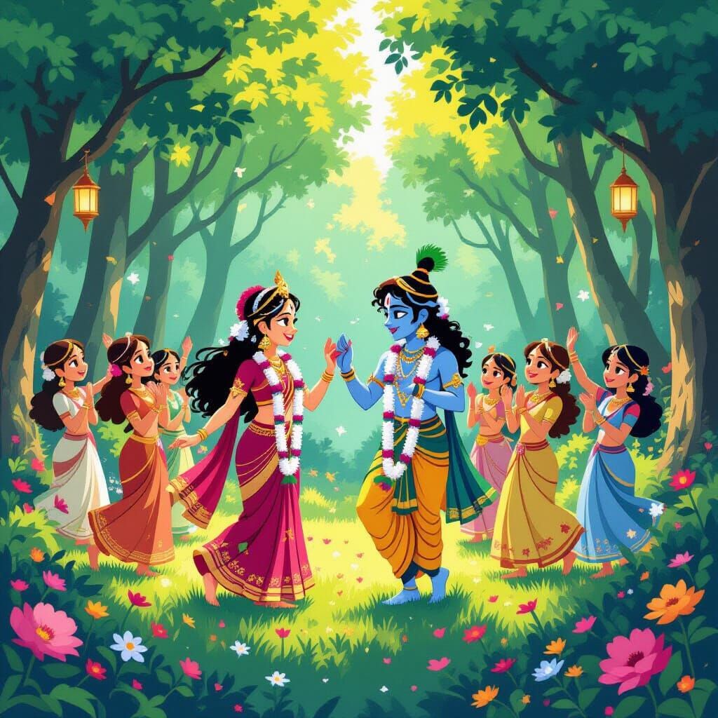 Radha Krishna Gopis Dance in Ghibli Forest - AI Art