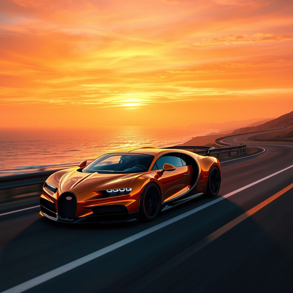 Glowing Gold Bugatti Chiron Speeds Along Sunset Co... - AI Art