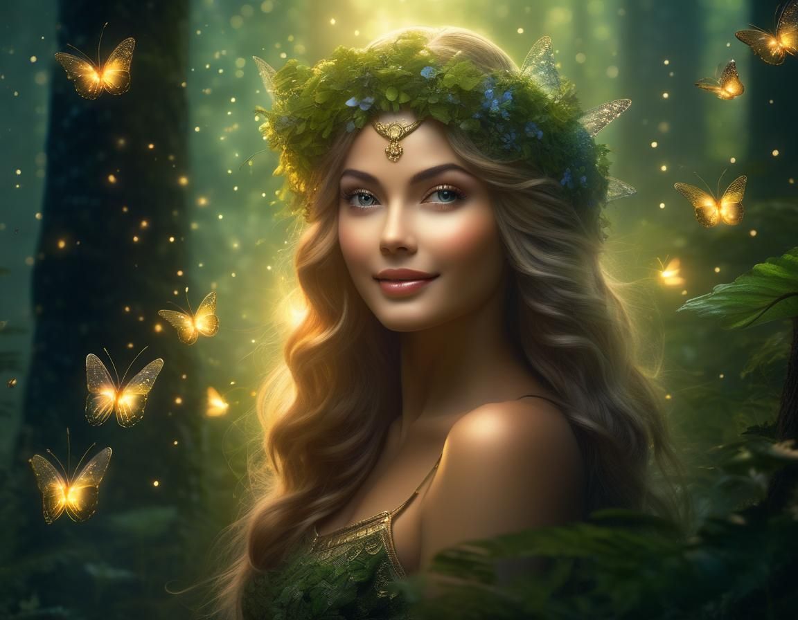 A Stunningly Beautiful Wood Nymph Alluring And Smiling In A Lush Forest With Fireflies In The