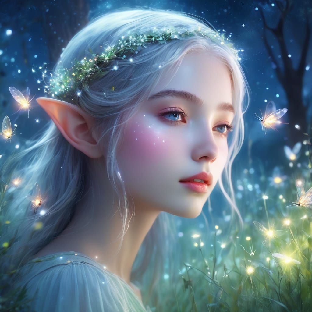 Firefly Night - Whimsical Elf in Moonlit Meadow