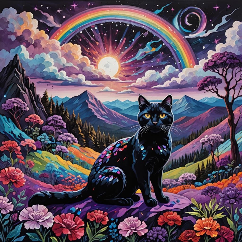 Vibrant Black Crystal Cat in a Dark Purple Landsca... - AI Art