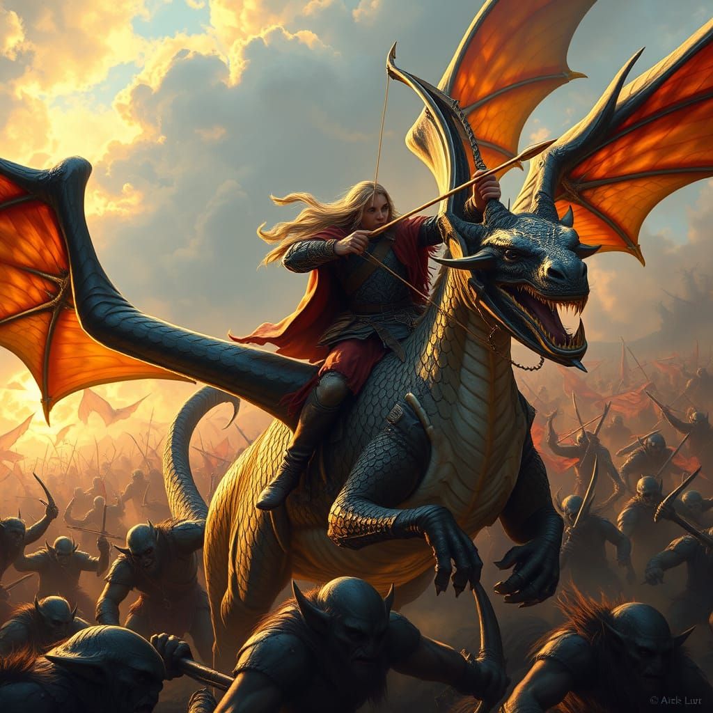 Forest Elf riding a dragon into battle against Orcs, firing his arrows ...