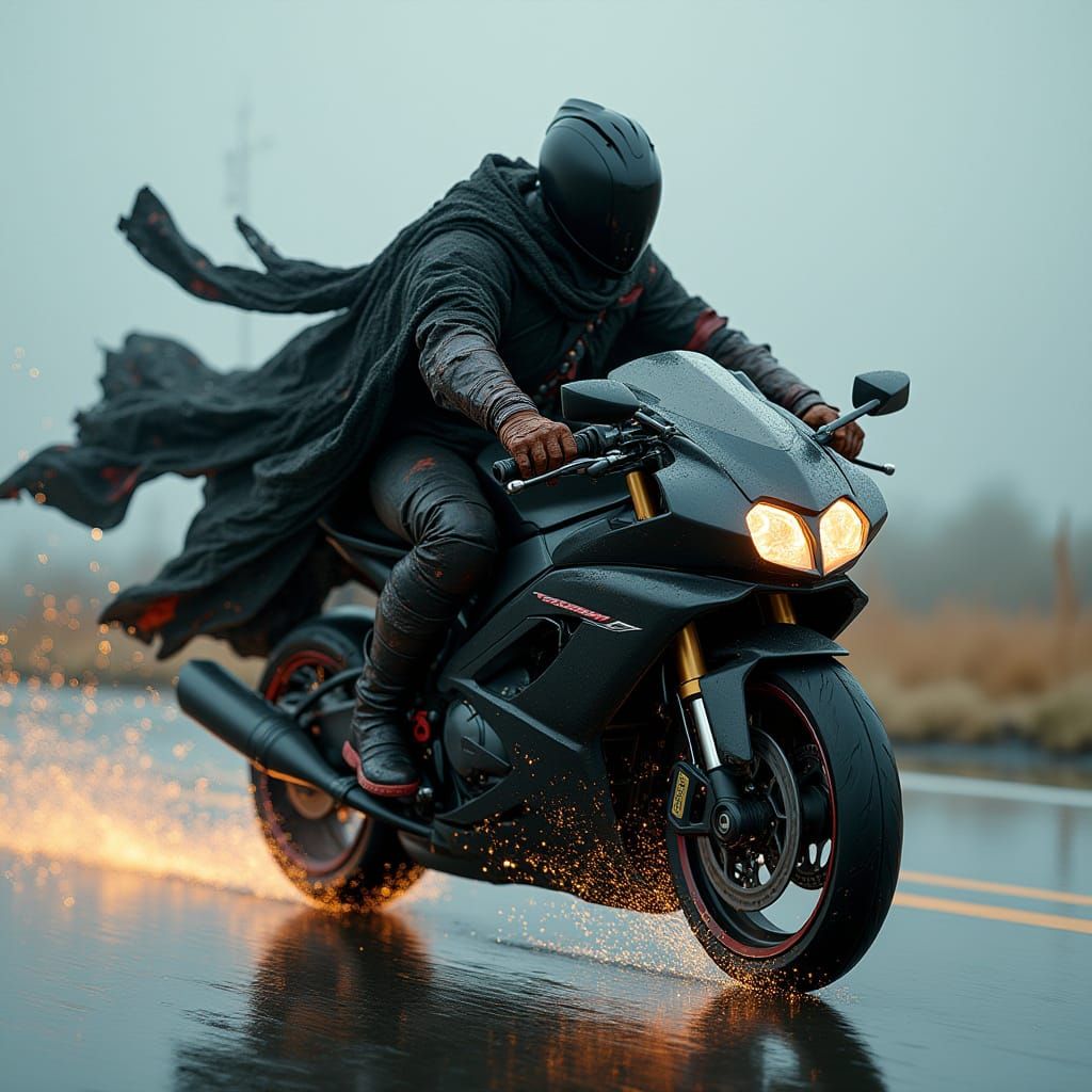 Motorcyclist in Futuristic Black Robe Rides Bike w... - AI Art