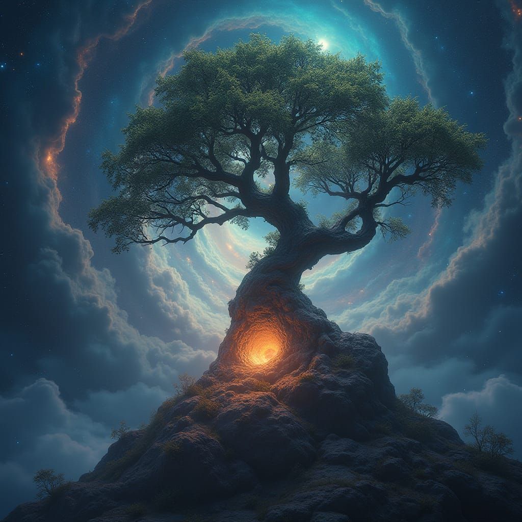 Cosmic Tree Amidst Nebula Clouds, Hyperrealistic R... - AI Art
