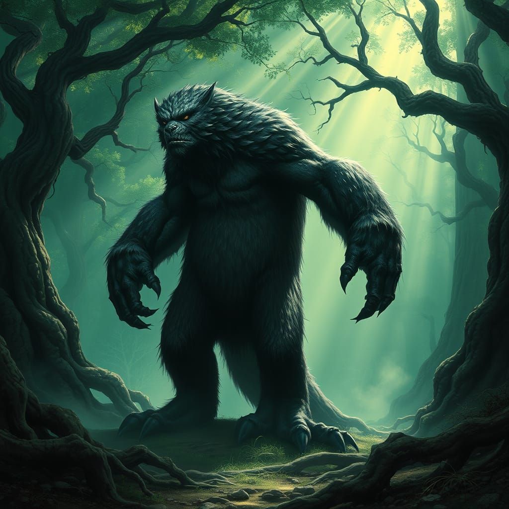 A majestic black creature with six limbs, standing upright on its two ...