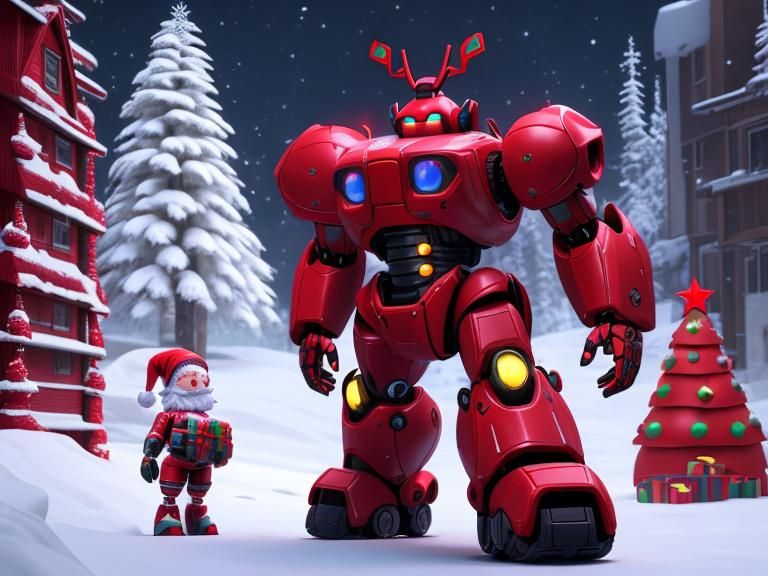 A robot Santa Claus and little robot elves handing out presents - AI ...