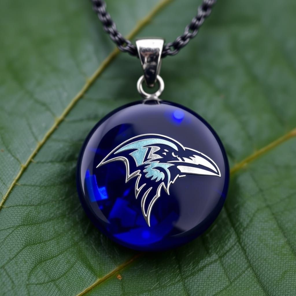 An indigo pendent that features a raven motif. The raven symbol could ...