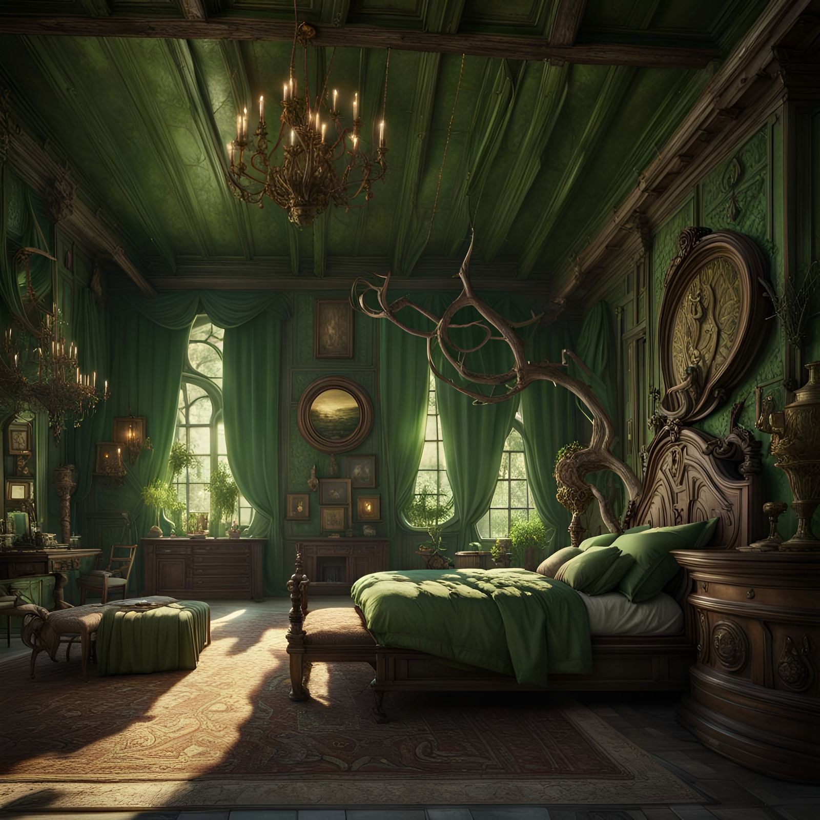 Interior of an elven city renaissance manor house with green colors and ...