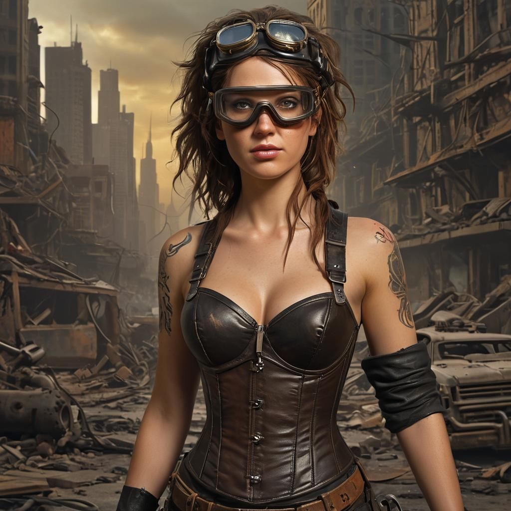 Female Mechanic in Post-Apocalyptic Ruins, Cyberpu... - AI Art