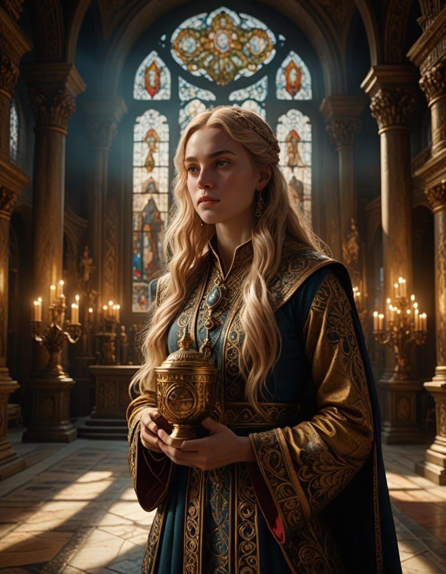 Epic Baroque Goddess Holds the Holy Grail in a Tem... - AI Art