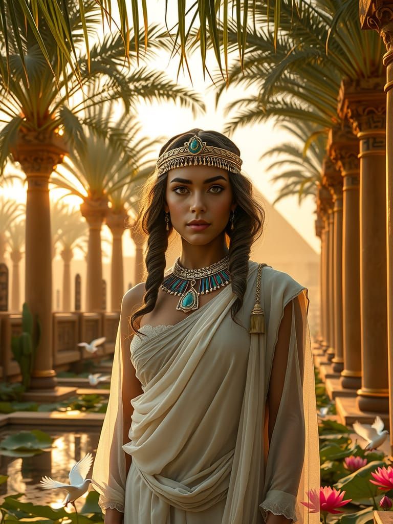 Cleopatra at her palace garden during golden hour