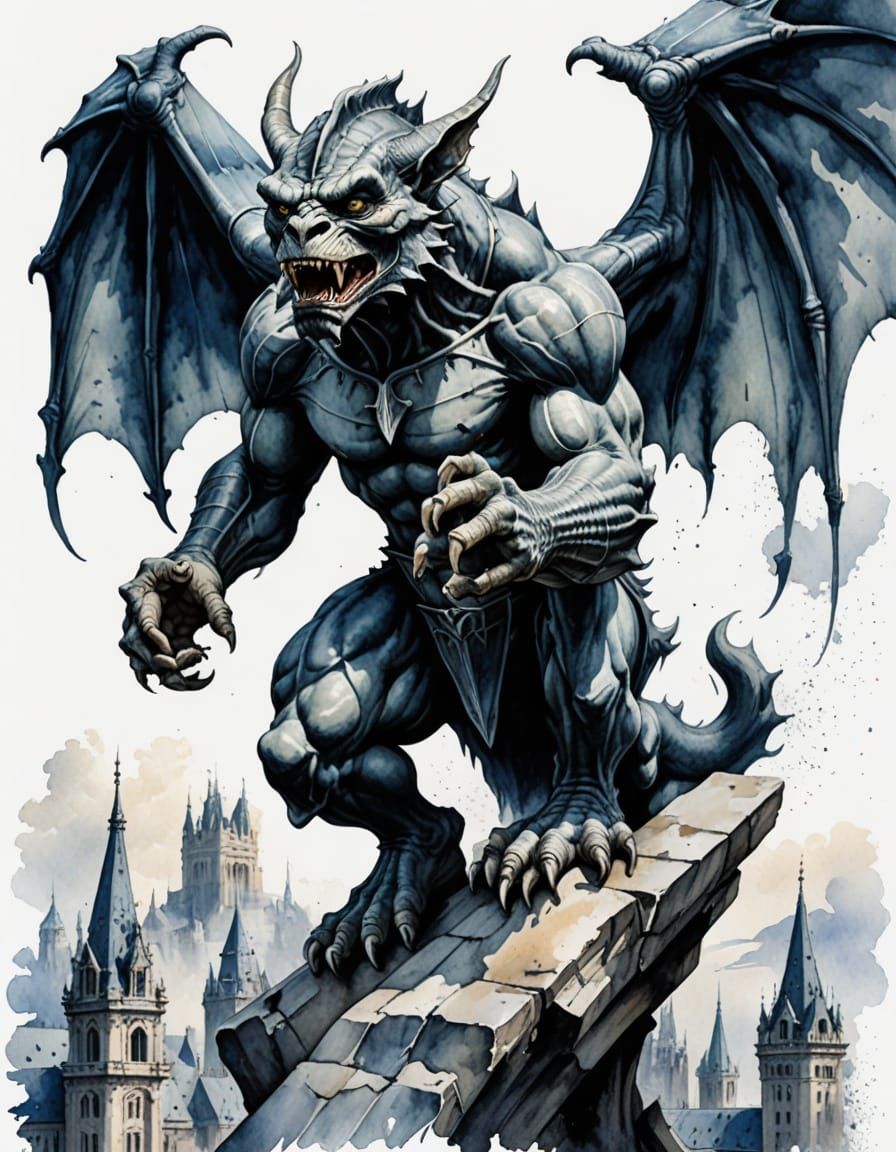 Hyperrealistic Watercolor Gargoyle - AI Art