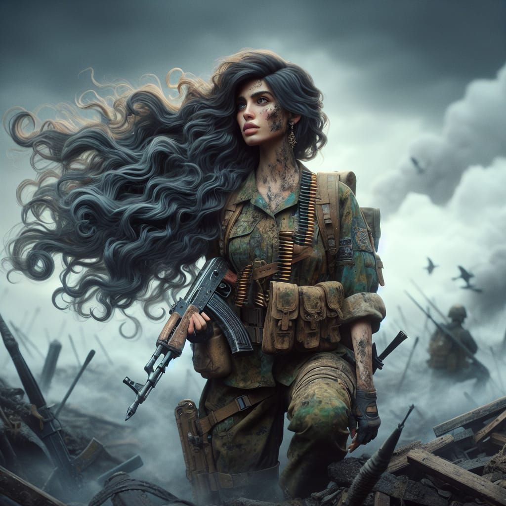 The image shows a beautiful woman with long wavy teal hair wearing ...