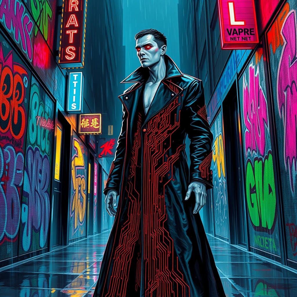 Futuristic Vampire Emerges in Neon-Lit Cityscape A... - AI Art