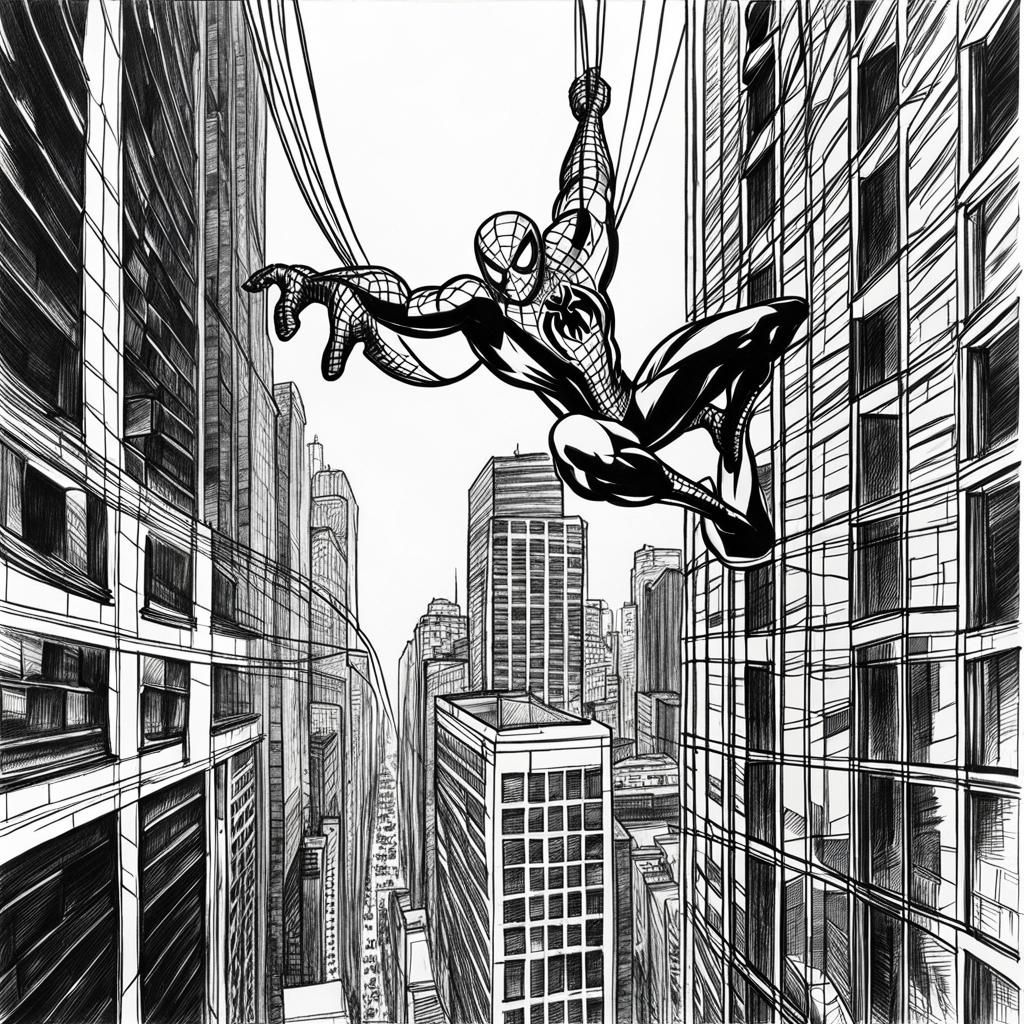 Spiderman swinging at City vertical 2-points perspective, drawing ...