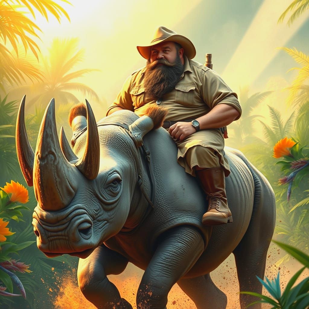 Fat Man Riding Rhinoceros in African Jungle Hyperr... - AI Art
