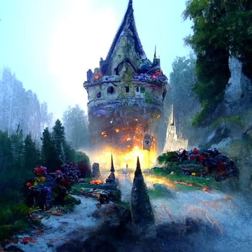 doomed castle - Ethereal Ruined Castle in Mist, Fantasy Art