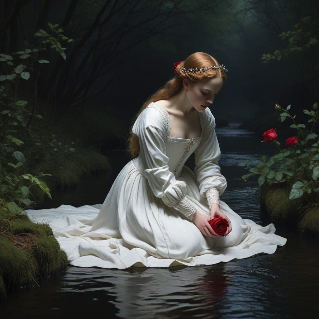 Ophelia in Mourning, Elizabethan Era Oil Painting - AI Art