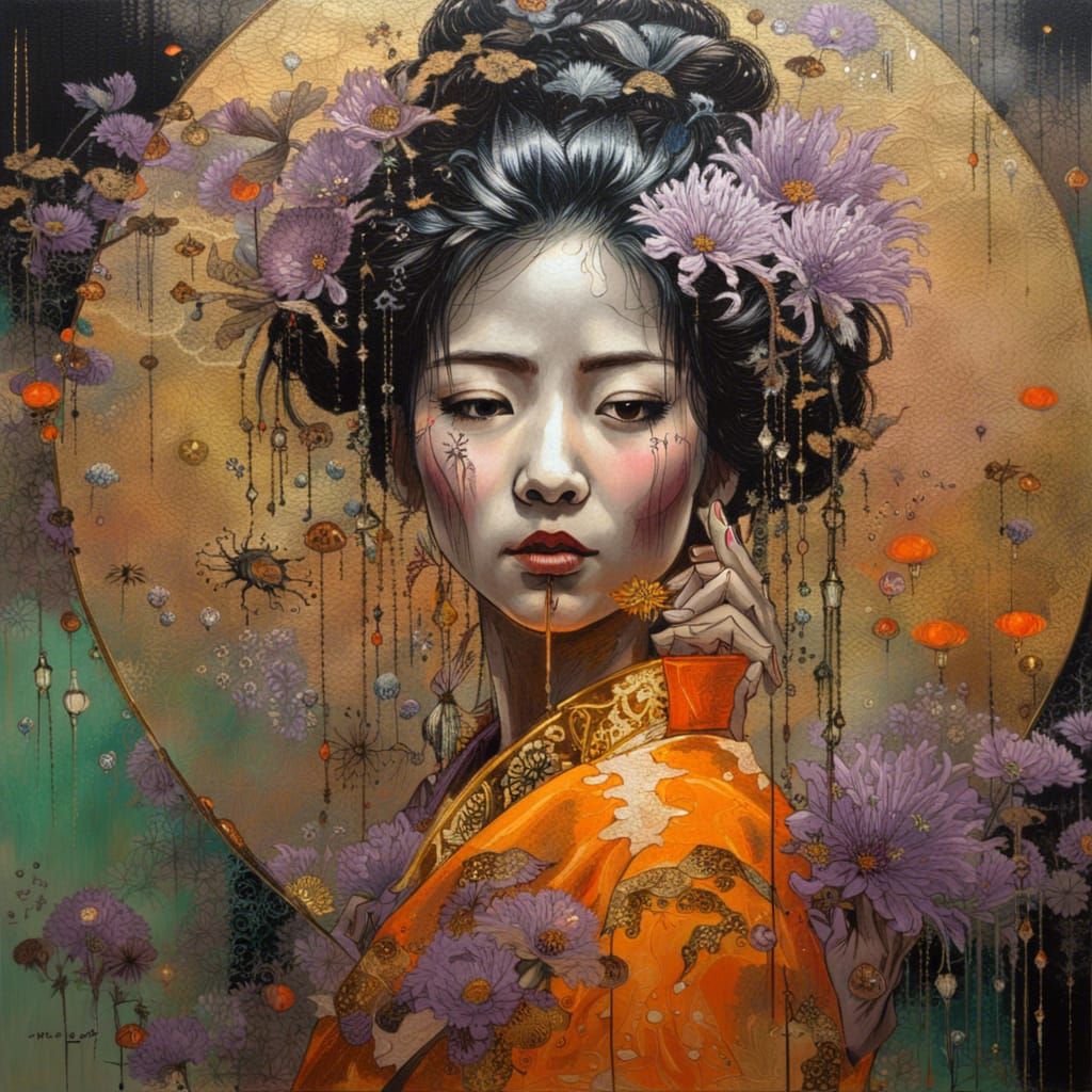 Beautiful emotional japanese Geisha in orange and lilac green and ...