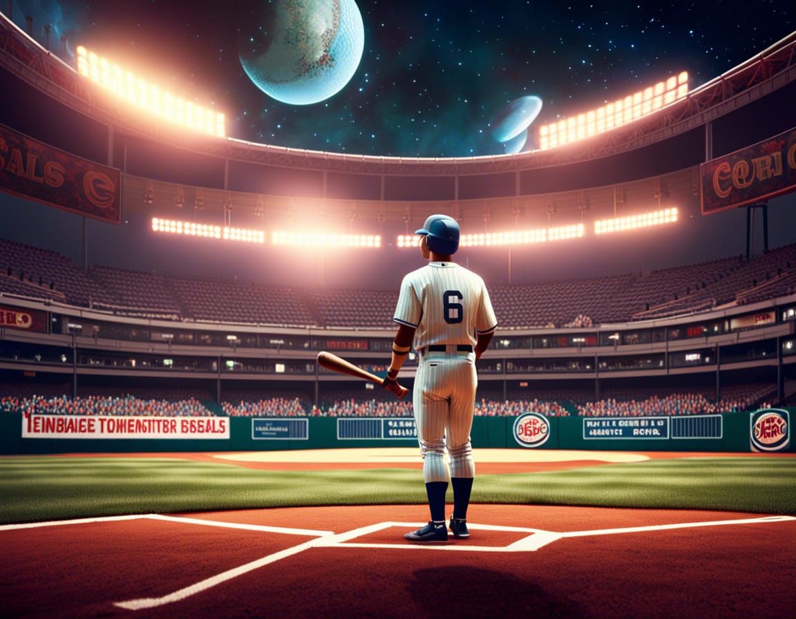 Vintage style intergalactic baseball stadium with a vintage baseball player overlooking the game ...