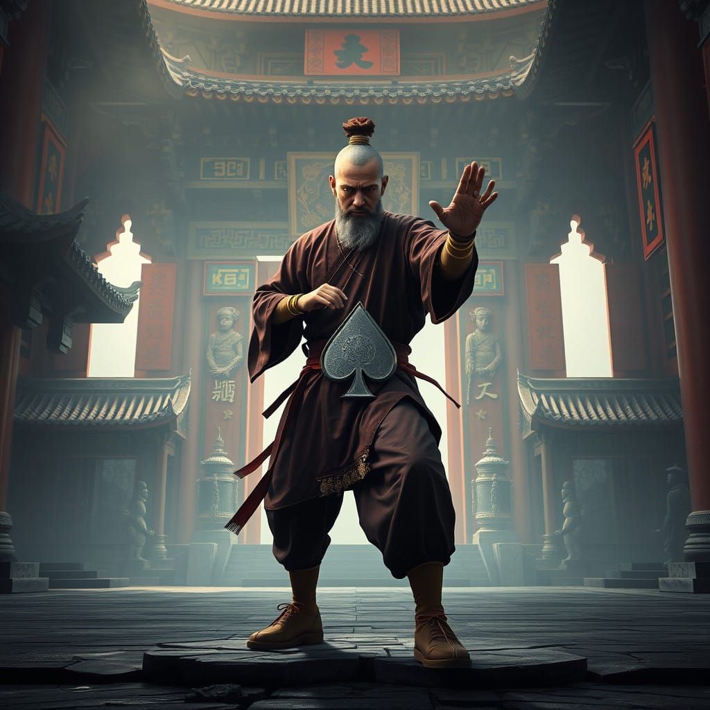 shaolin monk in a martial arts stance in a traditional temple with an ...