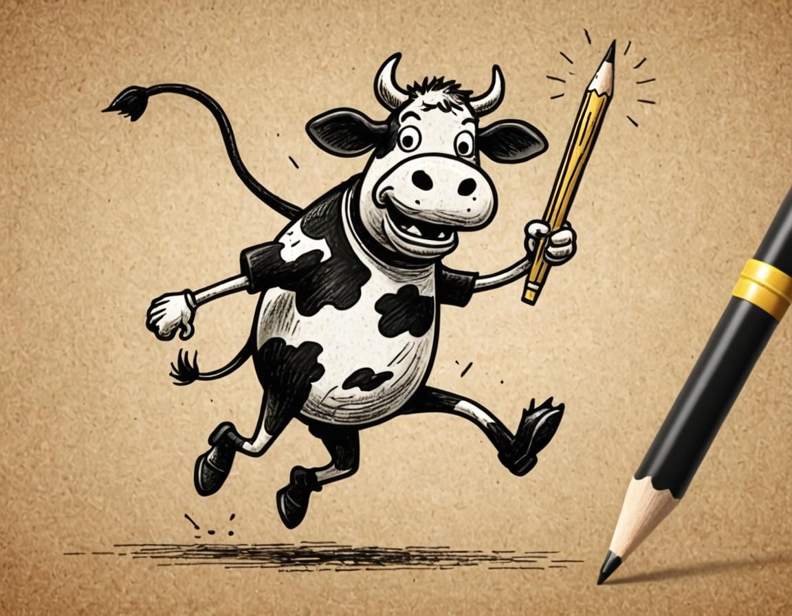 a doodle of a cow stick figure fighting off the pencil that is drawing ...