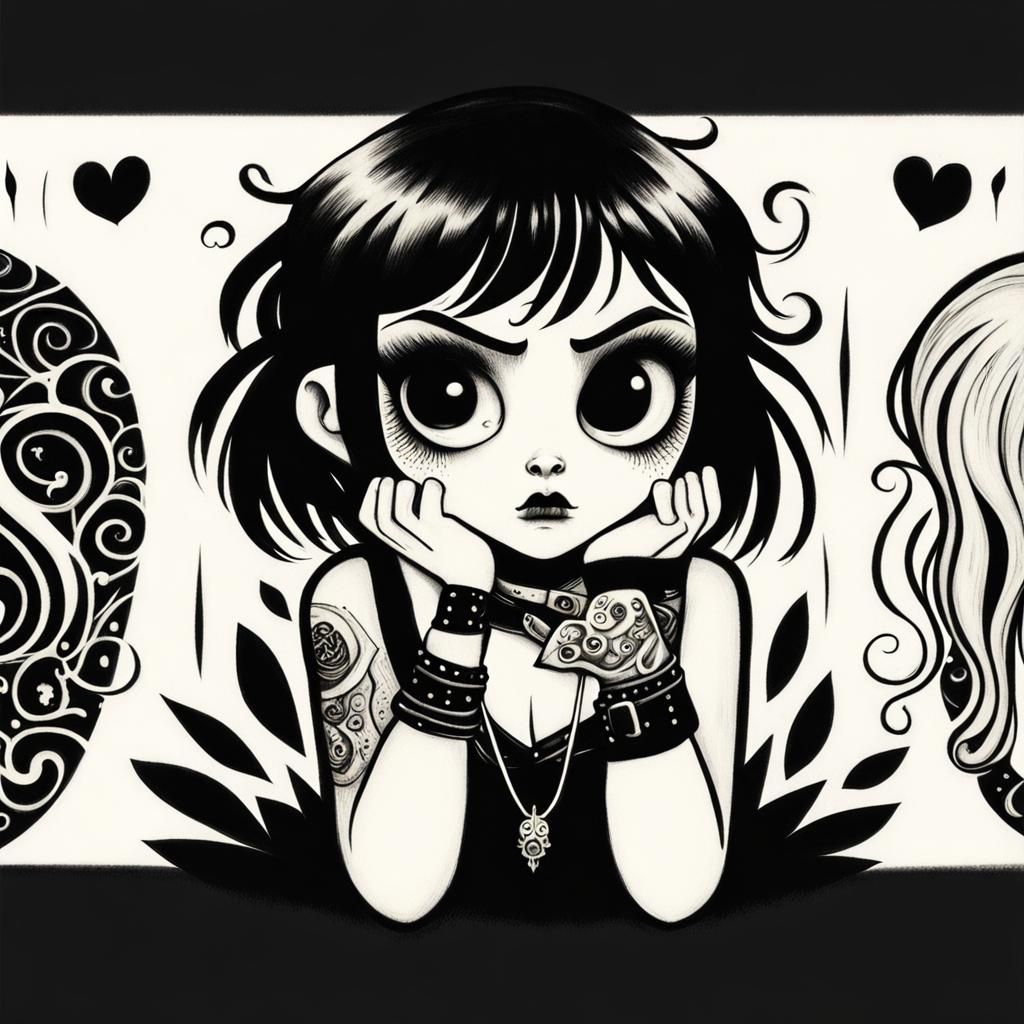 A pouty goth punk girl in art brut style, art by Greg Simkins, Shaun ...