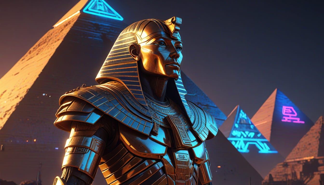 Cyberpunk Pharaoh in Futuristic Egypt, Neon-Lit Py... - AI Art