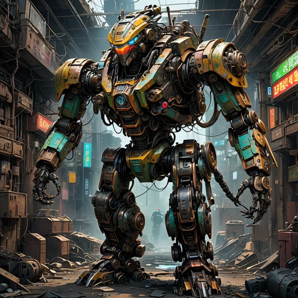 Humanoid robot with in post-apocalyptic wonderland, neon colored ...