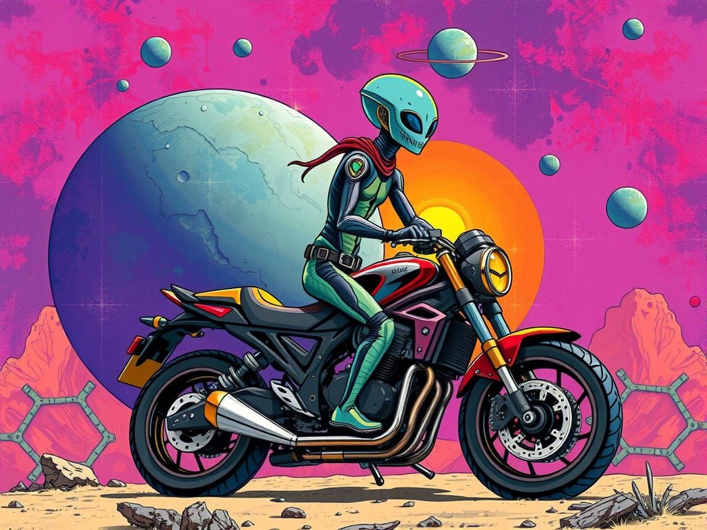 Brash Alien Rides Magnificent Solarpunk Motorcycle - AI Art