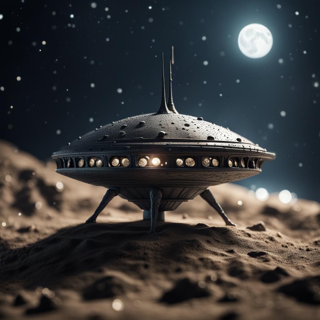 Photograph, Macro, medieval alien spaceship with medieval alien in it on the moon, depth of ...