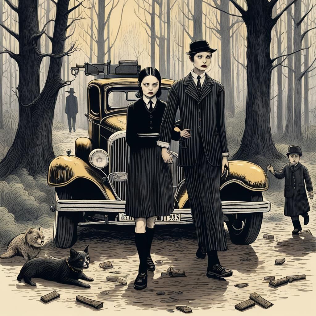 Wednesday Addams playing Bonnie and Clyde with her brother, Pugsley ...