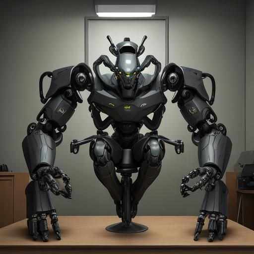 A sandy tan sixteen-foot humanoid robot with four arms leans back in a ...