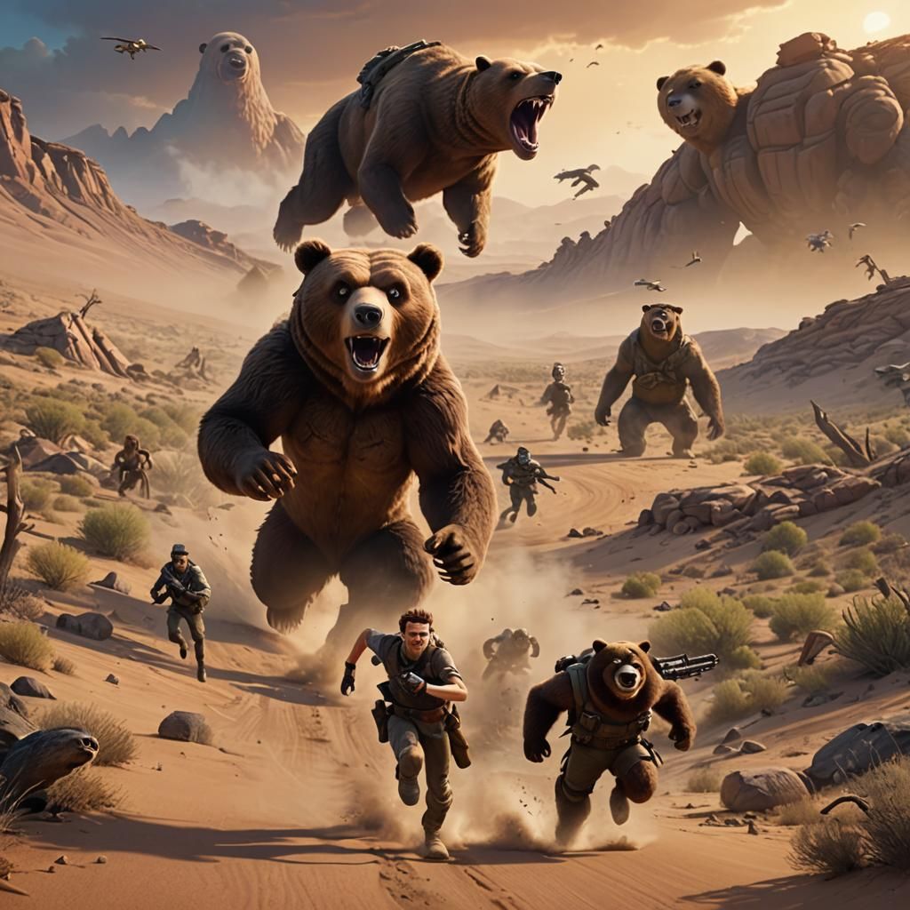 Scared hunter running on screen, angry bear trying to catch him, two ...