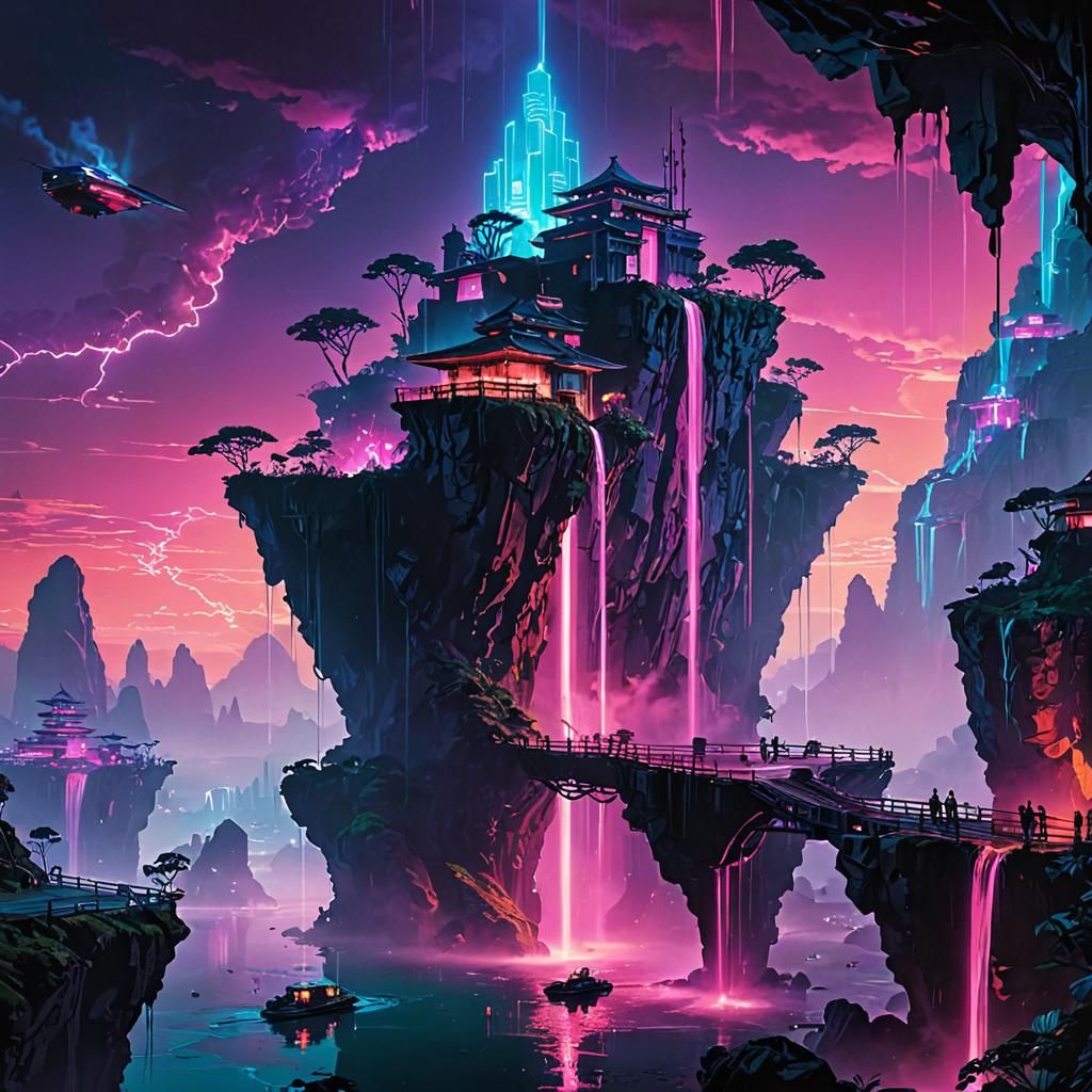 A surreal landscape with floating islands and waterfalls, synthwave ...
