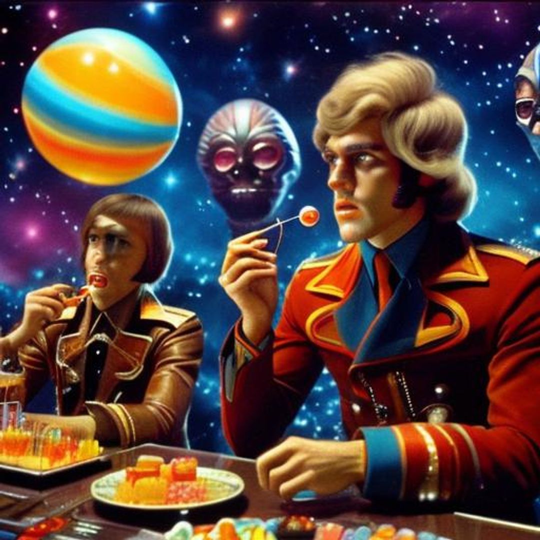 Scene from a 70's style sci-fi movie called, "Candy Cosmos". Two aliens ...