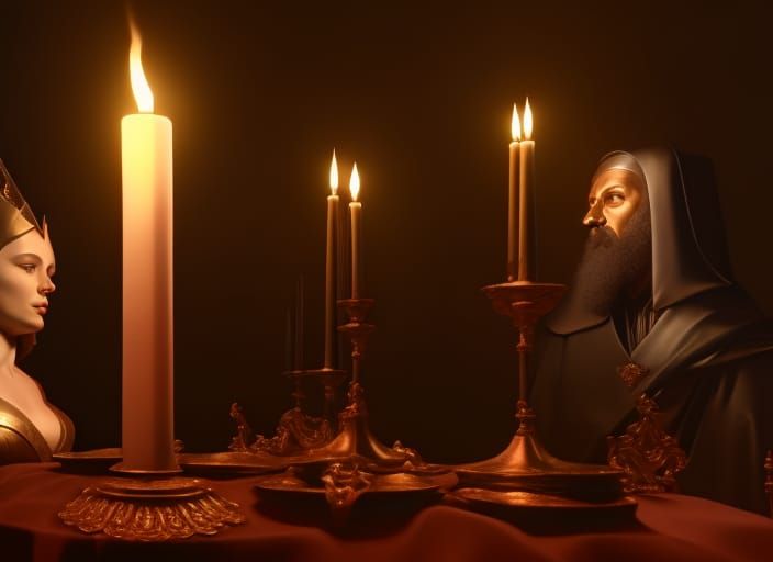 Medieval masquerade ball in a detailed gothic candle it hall Caravaggio ...