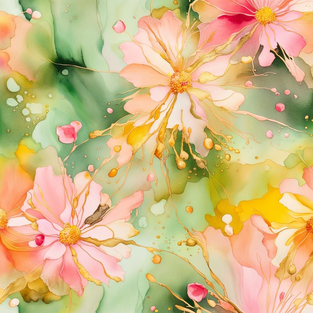 Abstract Alcohol Ink Sage Green Pink Yellow Splatter Wash Golden