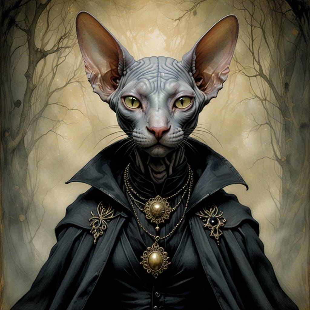 The Sphynx - Mysterious Goth Sphynx Cat in Bold Brushwork
