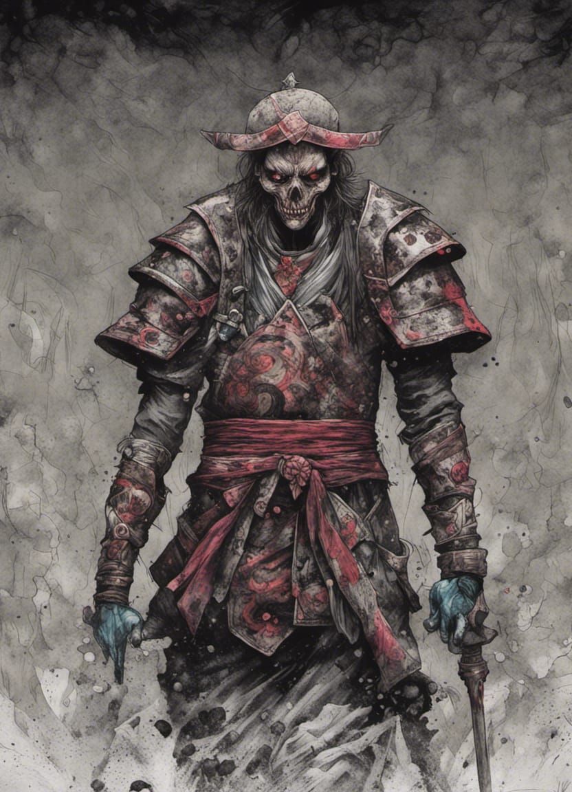 plash art, An ancient, undead, samurai warrior; dark, sinister graphic ...