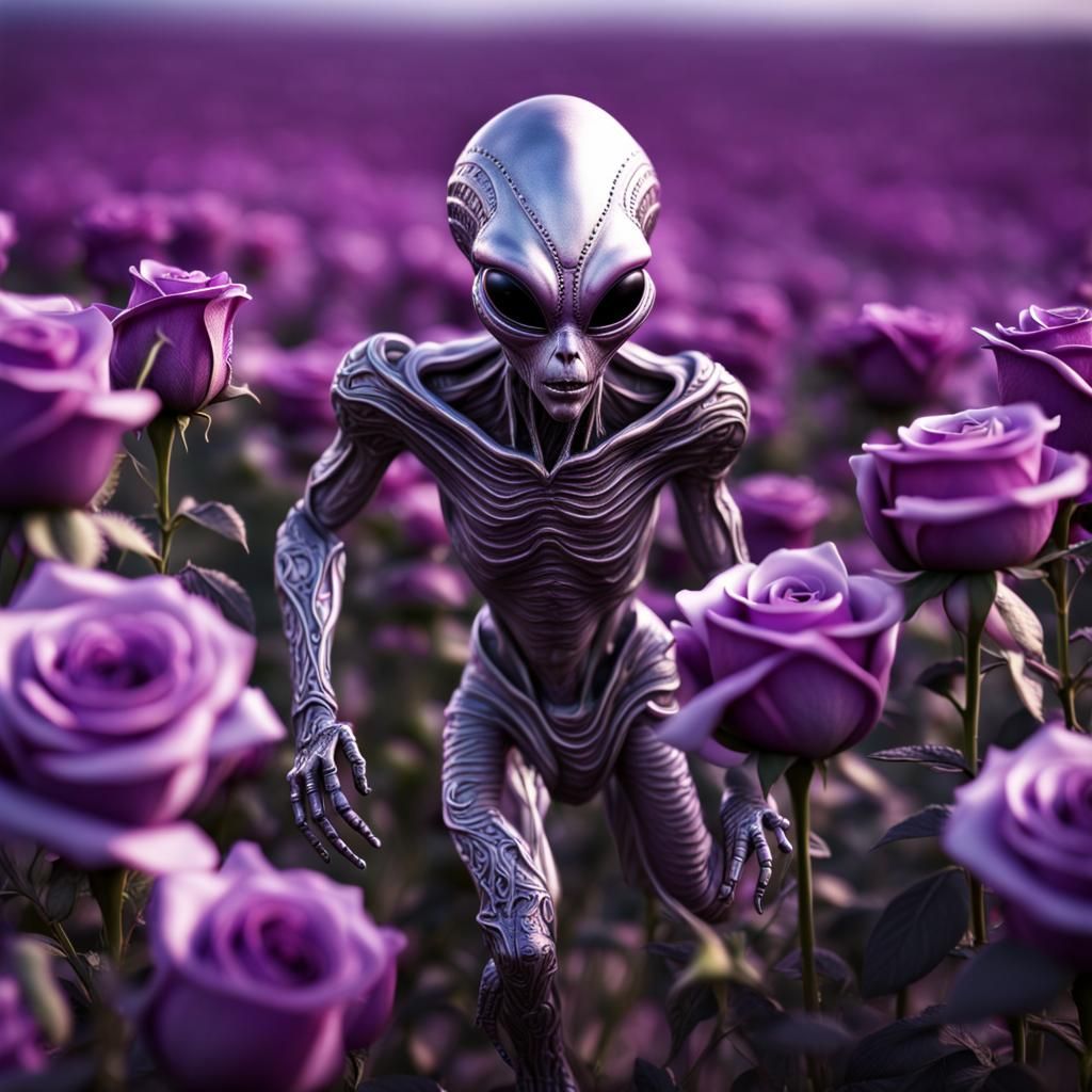 A sterling alien sneaks through an enchanting field of radiant purple ...