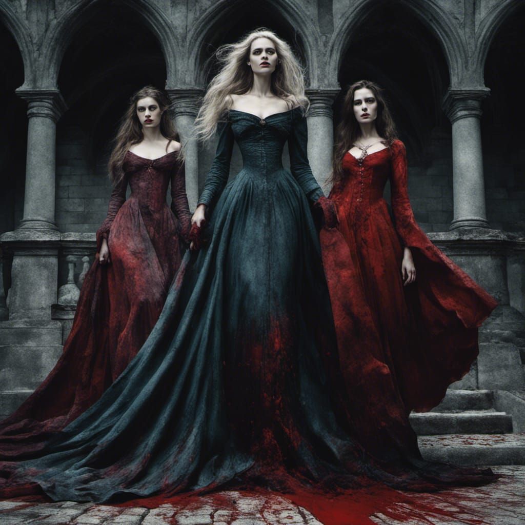 Three evil but beautiful vampire queens in long, different coloured ...