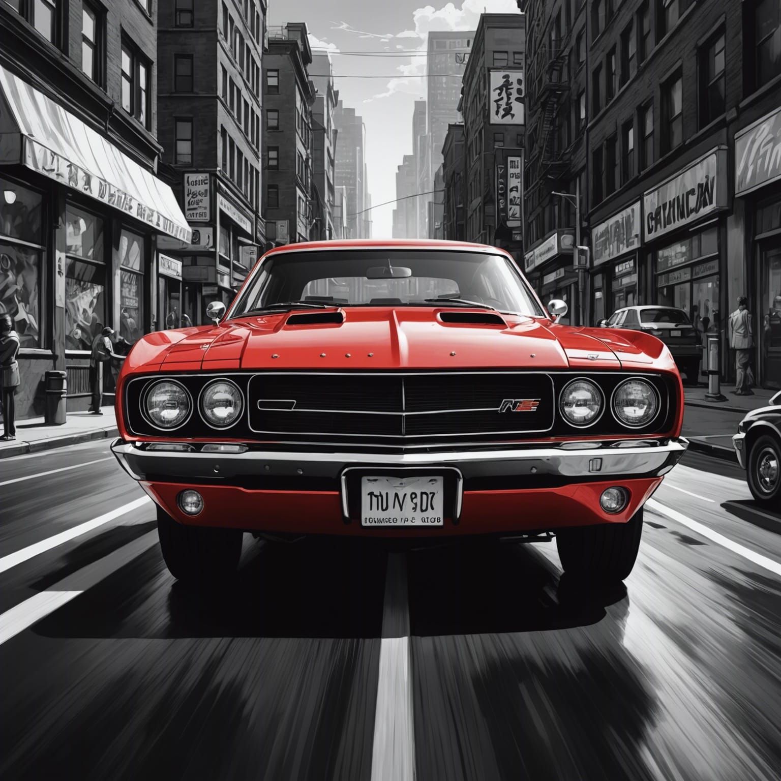 Red Muscle car in black and White city, Masterpiece, Best Quality, flat ...