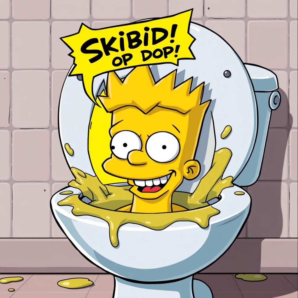 Bart Simpson's head from a toilet bowl he says in a speech bubble "Skibidi dop dop"