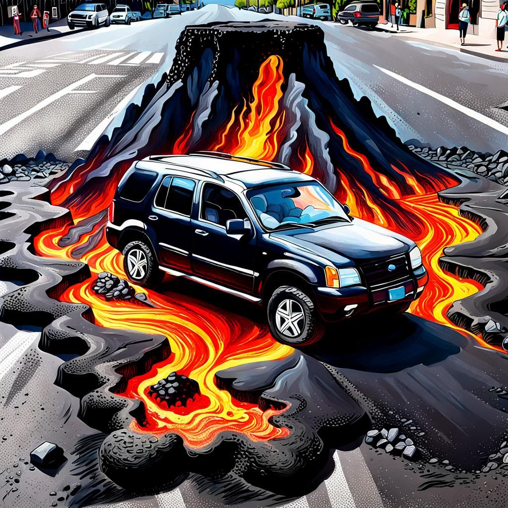 Chalk Art scene of a black SUV into a Volcanic Lava on street - AI ...
