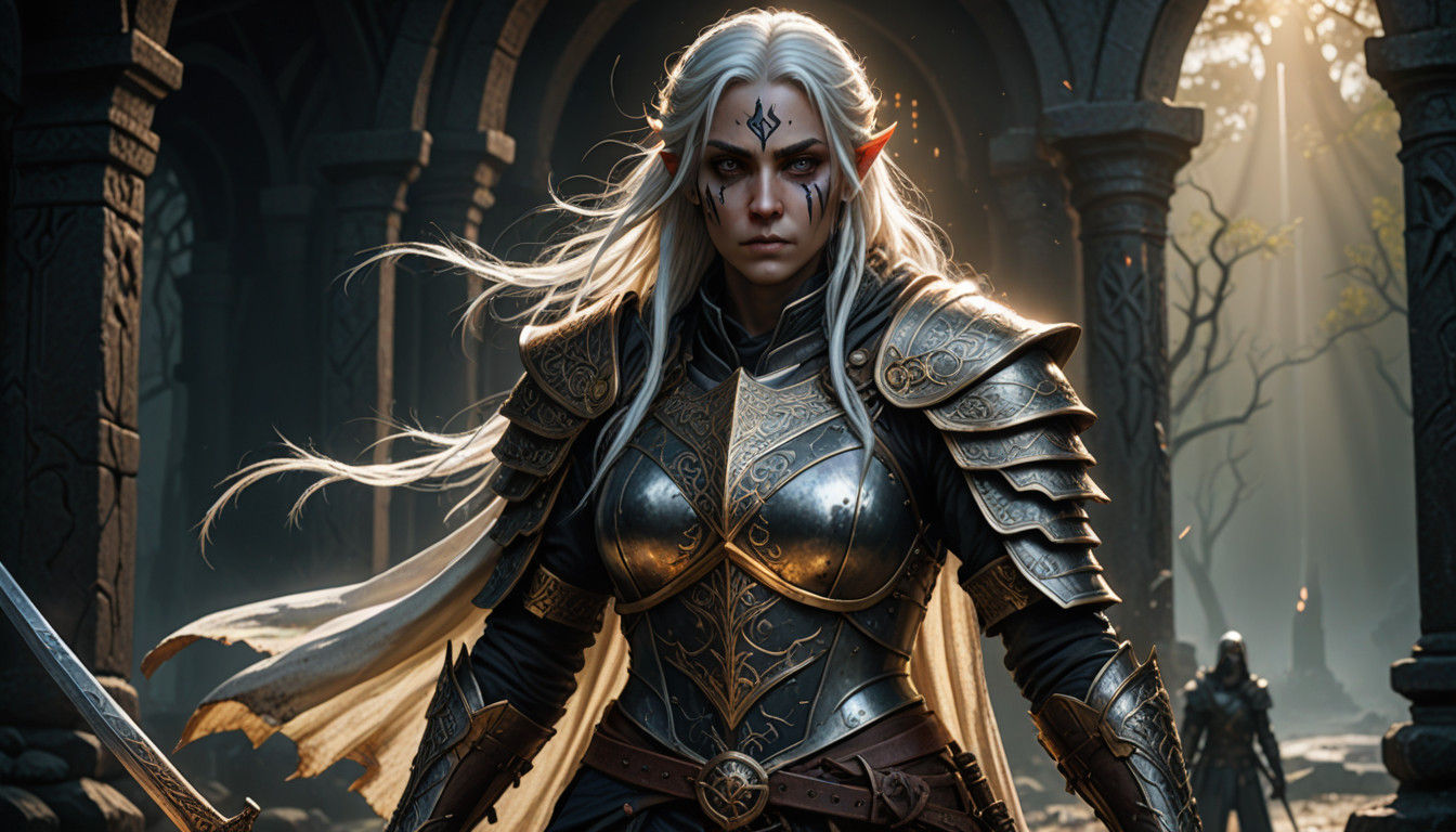 Ethereal Dark Elf Duellist in Glorious White Armor - AI Art