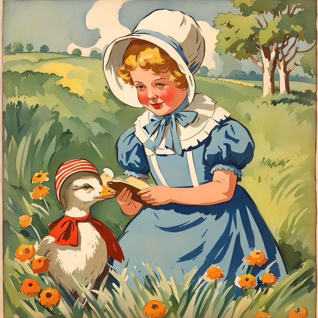 1920s children's book, Mother Goose wearing a bonnet - AI Generated ...