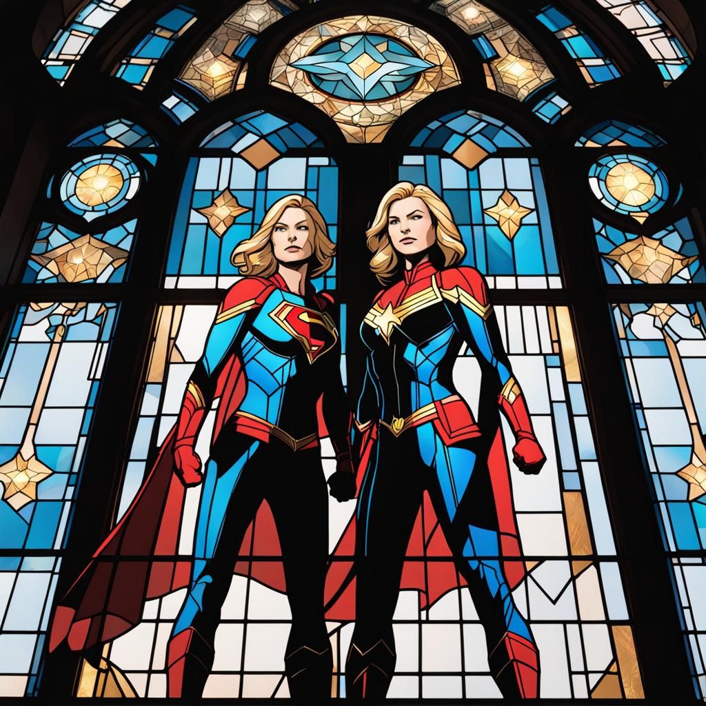 supergirl and captain marvel stained-glass window - AI Generated ...