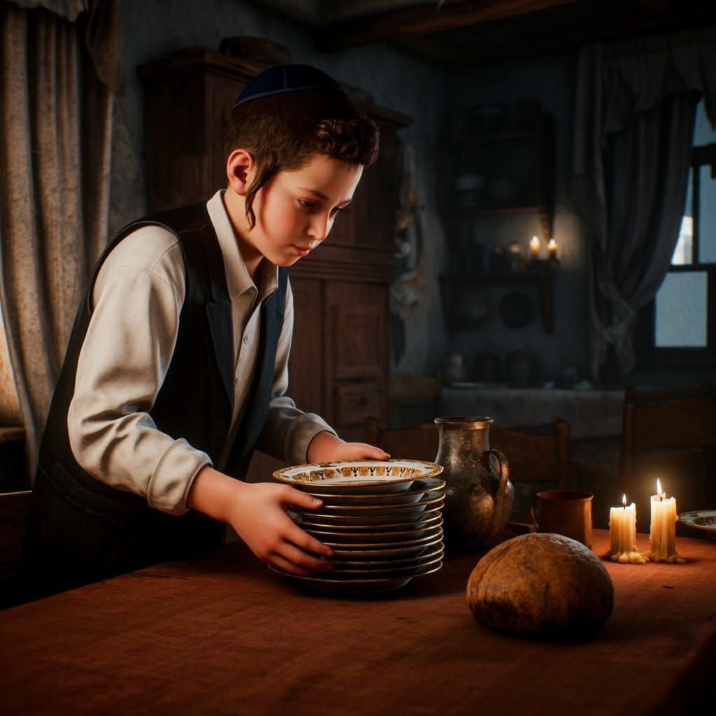 Traditional Hasidic Boy Arranges Golden Plates in ... - AI Art