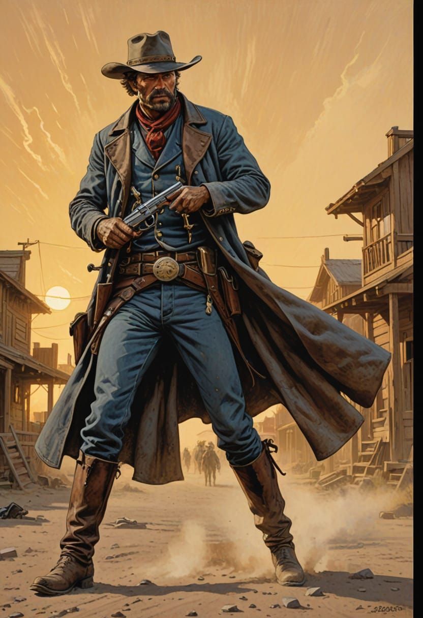 Old West, full body, realistic, Remington style, gunfighter, pistol ...